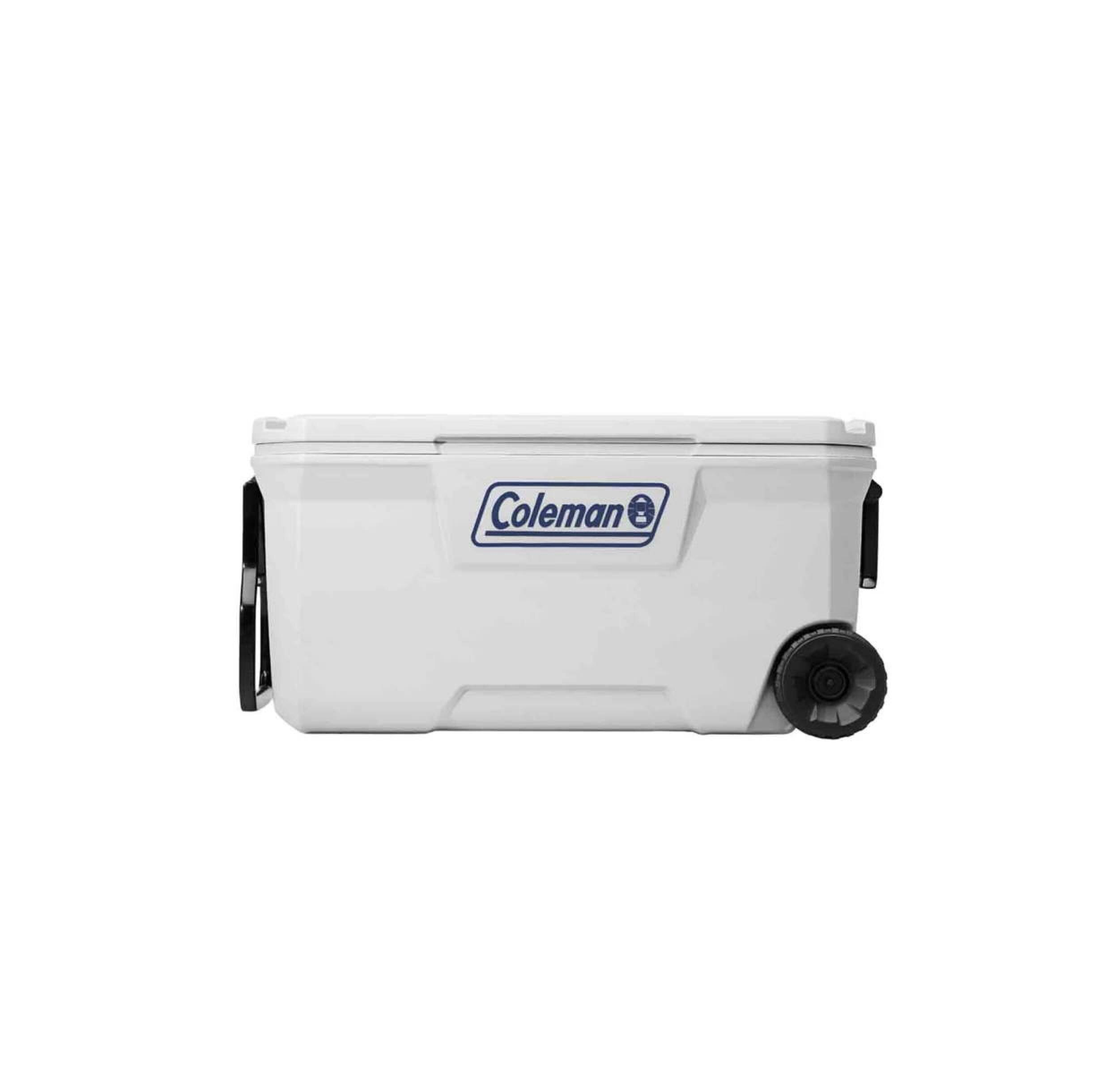 HIELERA MARINA COLEMAN 100 QT, ASA Y LLANTAS DE TRANSPORTE, BLANCO ...